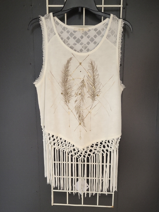 Miss Me | Tops | Miss Me White Fringe Tank With Gold Feather Motif ...
